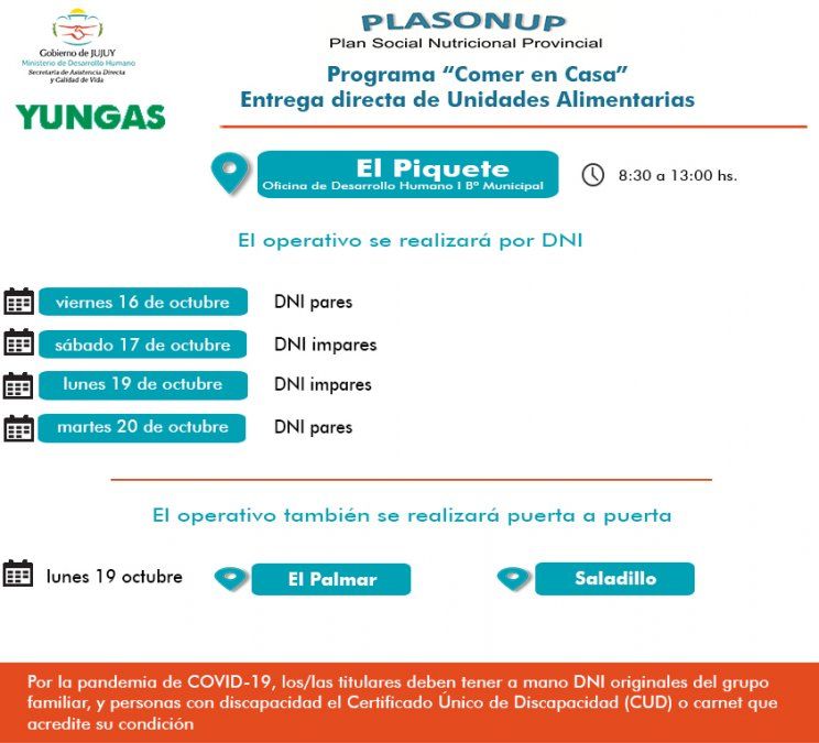 Entregarán Unidades Alimentarias en El Piquete, Abralaite y Volcán